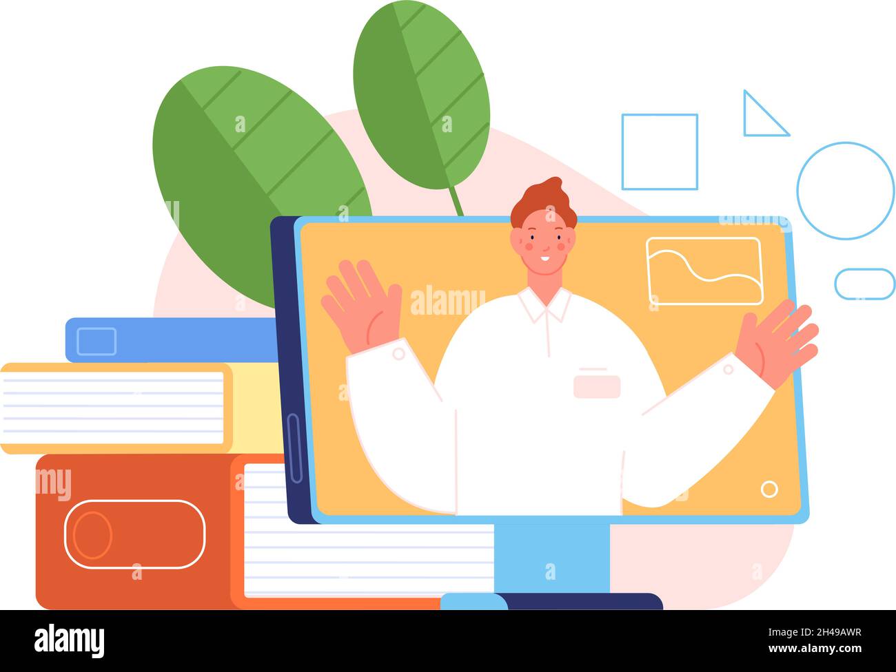 Online teacher. Virtual learning courses, young college coach on screen ...