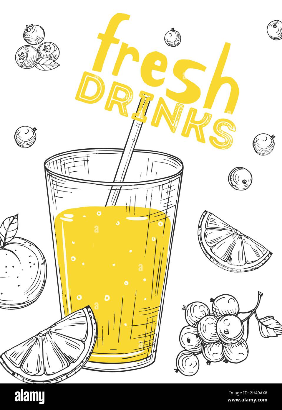 Fresh fruit juice. Sketch drink glass, lemon slices and berries. Vegan ...