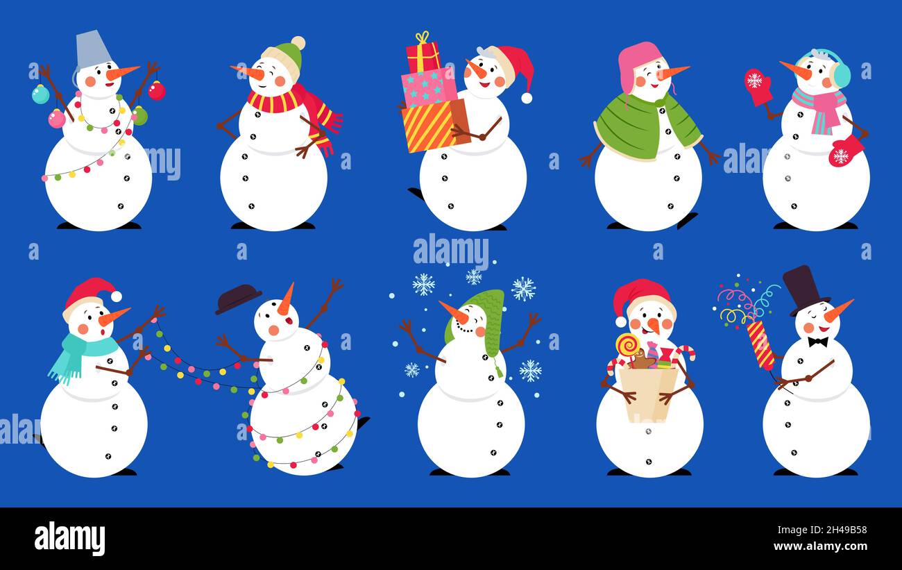 Cartoon snowman. Snowmen with xmas gift, winter holiday happy snow ...