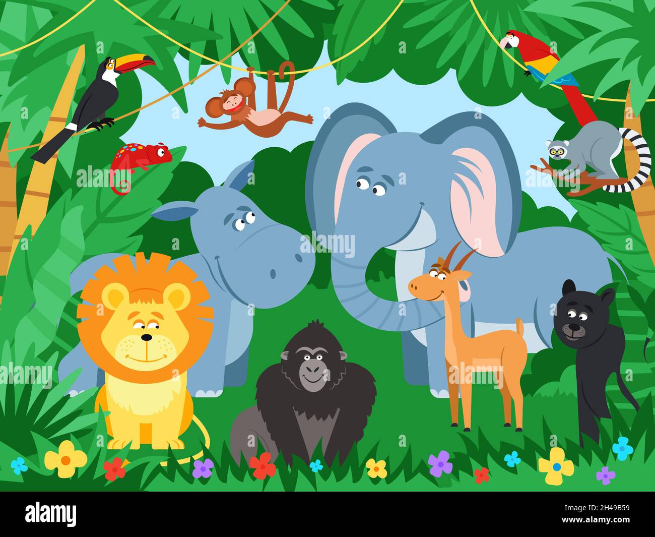 Cartoon tropical animals. Wildlife zoo animal, jaguar parrot in jungle ...