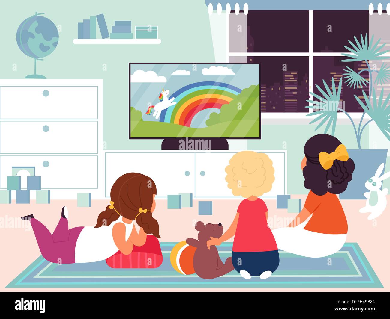 Kids watching tv. Child television, children in room watch movie or ...