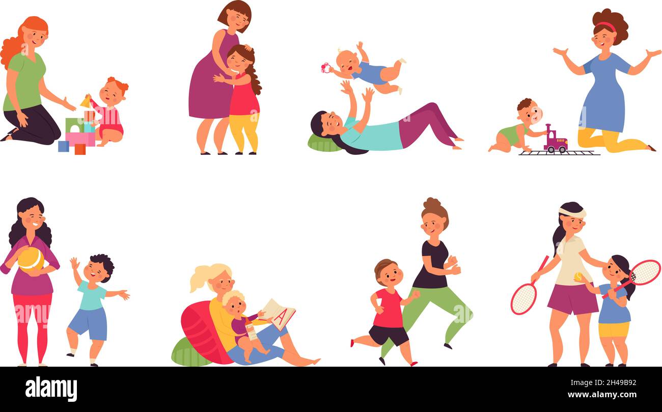 Mother playing with kids. Boys play, child sitting on mothers kneets ...