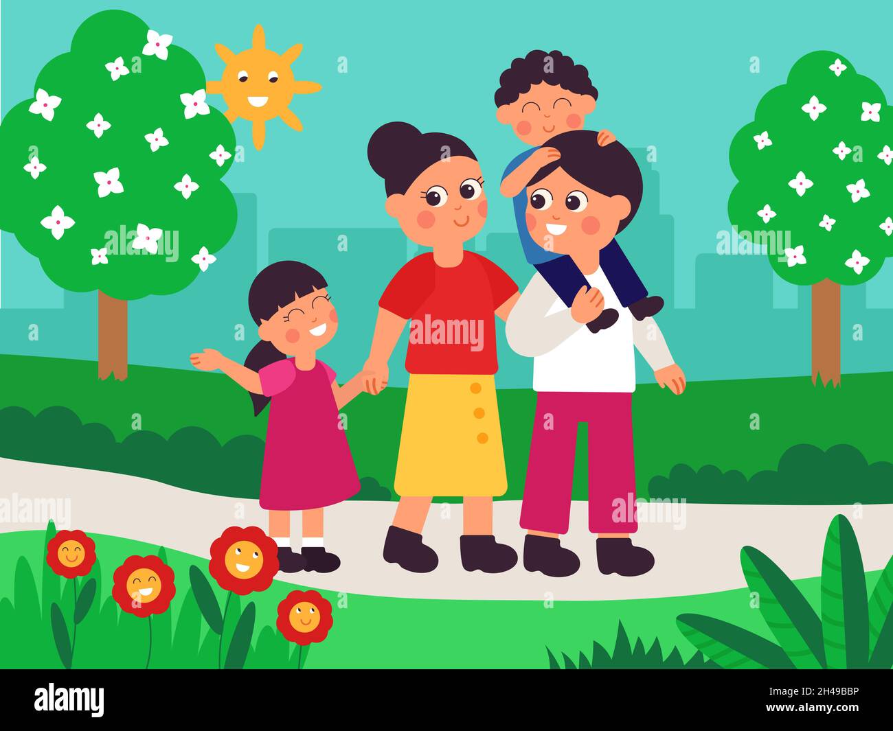 Family in city park. Outdoor lifestyle, walking with parents. Children ...