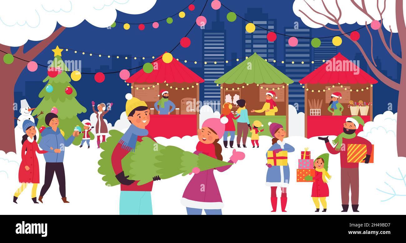 Christmas fair. Holiday food market, cartoon people buying wine and hot ...