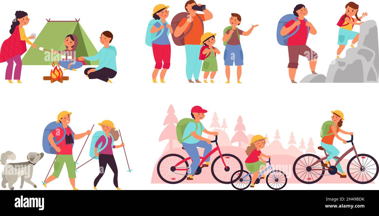 Family nature adventures. Happy trekking, cartoon tourist hiking. People in camping, active fun ...