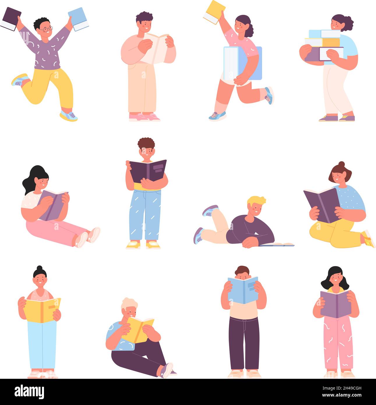 Cartoon kids with books. Children reading, girl boy holding book ...