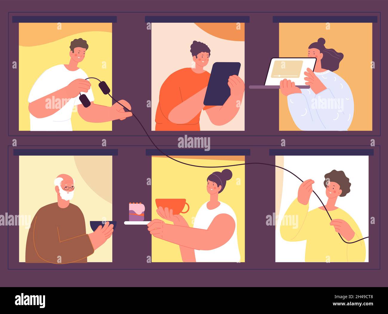 Neighborhood. Buildings windows with people, looking and collaboration ...