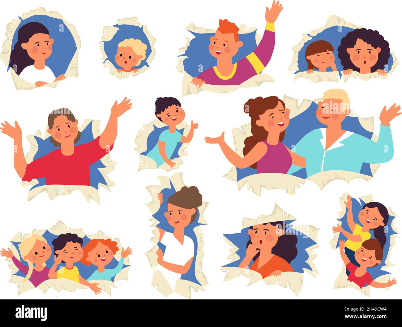 Look from paper hole. Children watching through torn papers, woman man ...