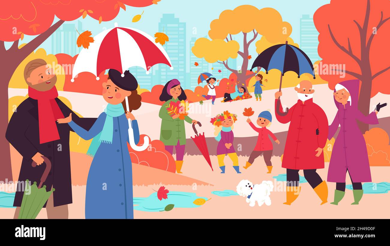 Walking in autumn park. Modern couple, fall forest people and children ...