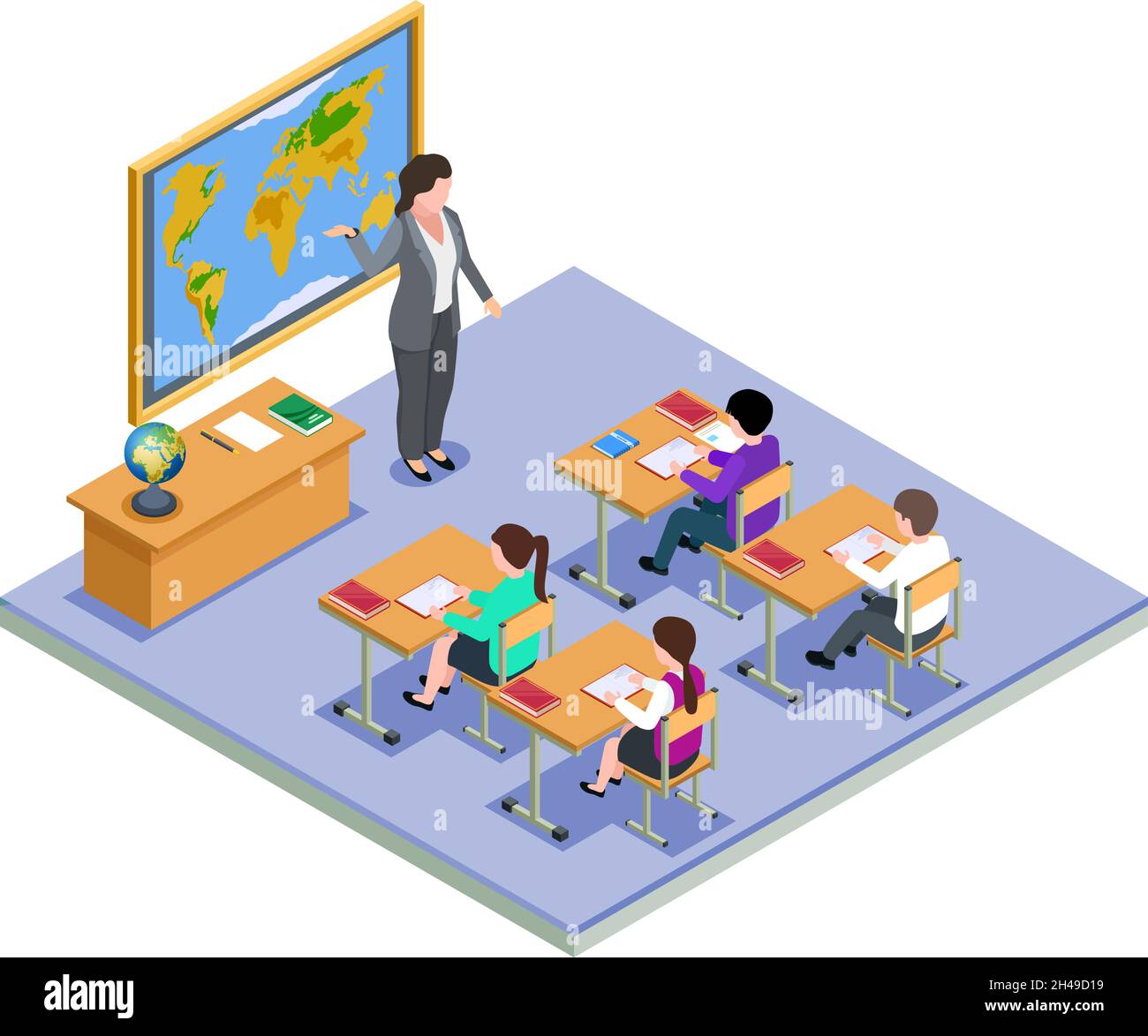 Classroom concept. Isometric school class, teacher and children on ...