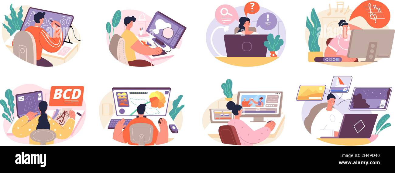 Designer workers. Designers use technology, laptops on workplace ...