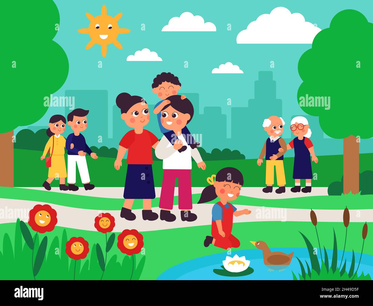 Family walking in park. Different persons in city garden, happy walk ...