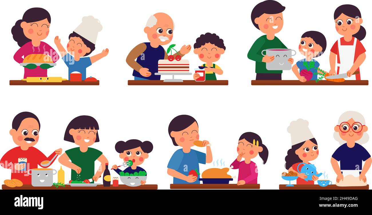 Parents and children prepare food. Person cooking, cartoon family ...