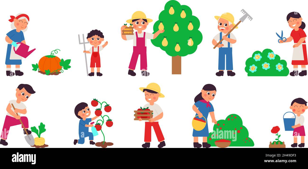 People gardening. Cartoon farmers, children adults plant organic ...
