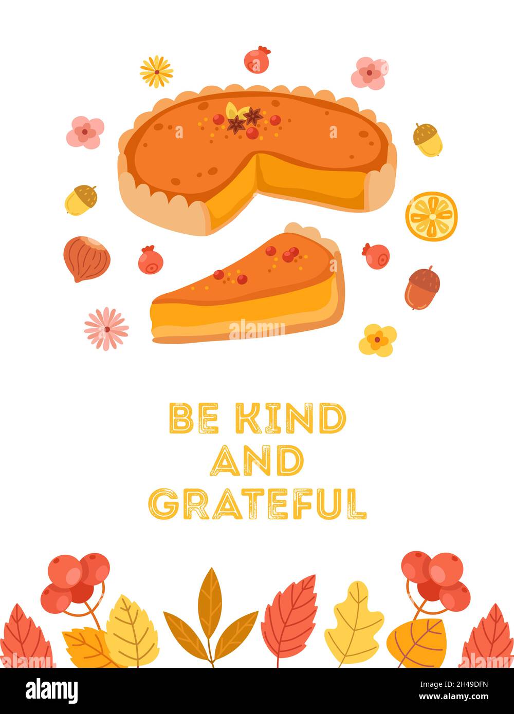 Autumn poster with pumpkin pie and yellow orange leaves. Thanksgiving ...