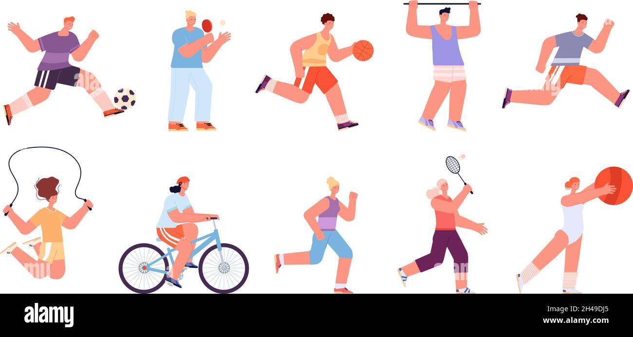 Sport workout characters. Male jogging, sports exercises doing ...