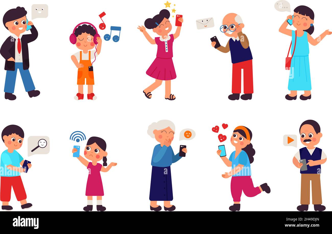 People with smartphone. Adult children using phones, gadget addiction ...