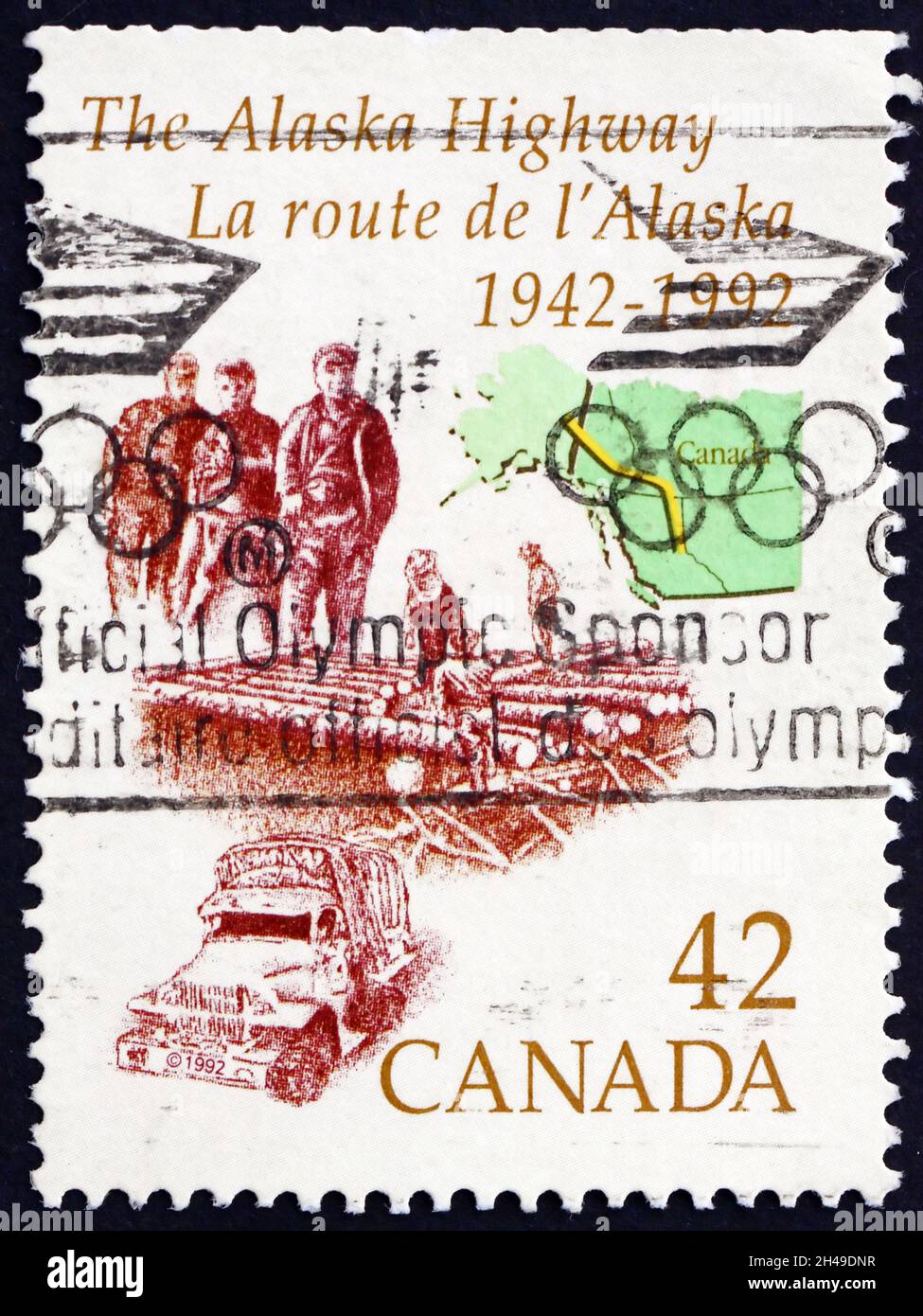 CANADA - CIRCA 1992: a stamp printed in Canada shows Alaska highway ...