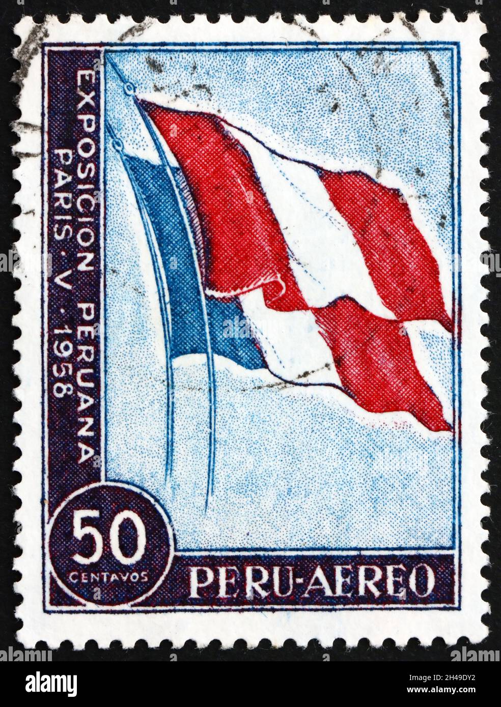 PERU - CIRCA 1958: a stamp printed in Peru shows flags of France and ...