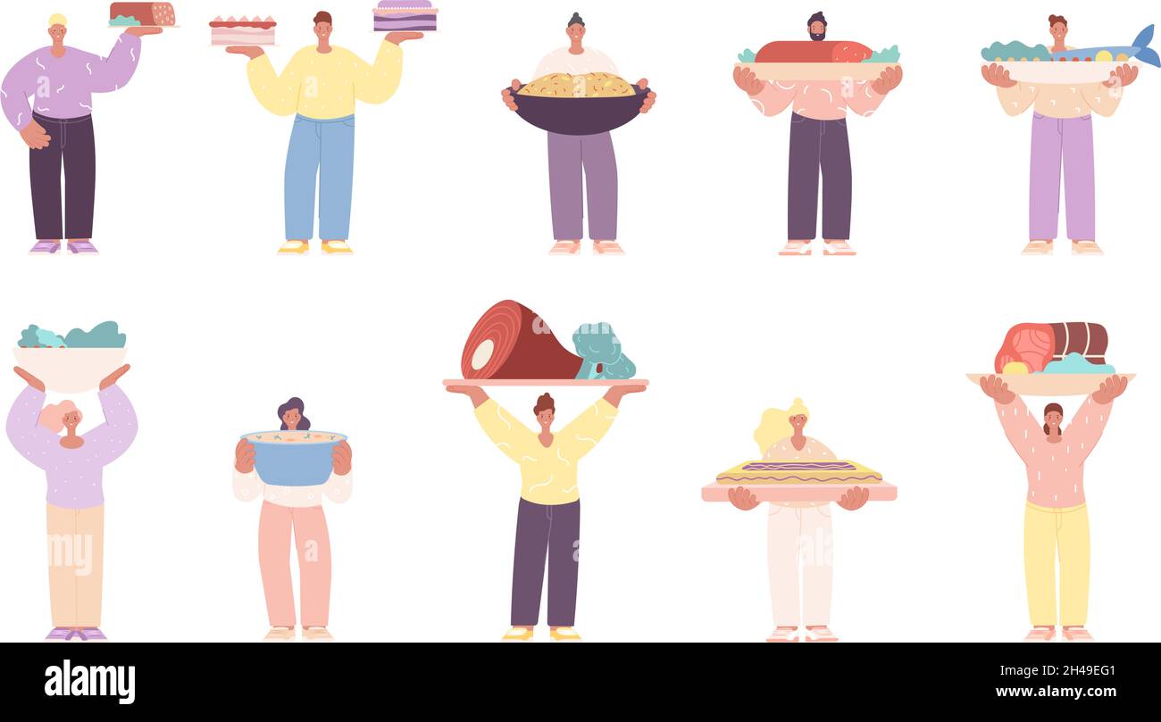 People holding food. Person with festive meal, cooking woman man ...
