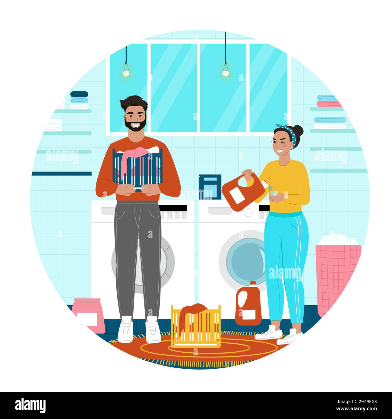 Happy woman laundry. Man helps the woman to wash. Vector illustration ...
