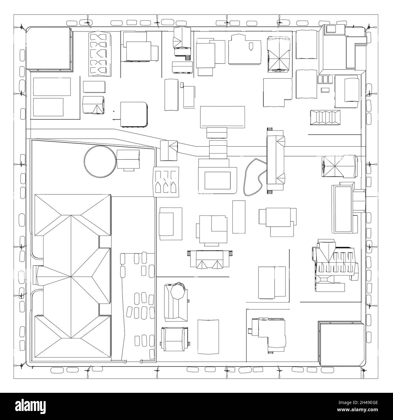 Outline of a quarter of a small town from black lines isolated on a ...