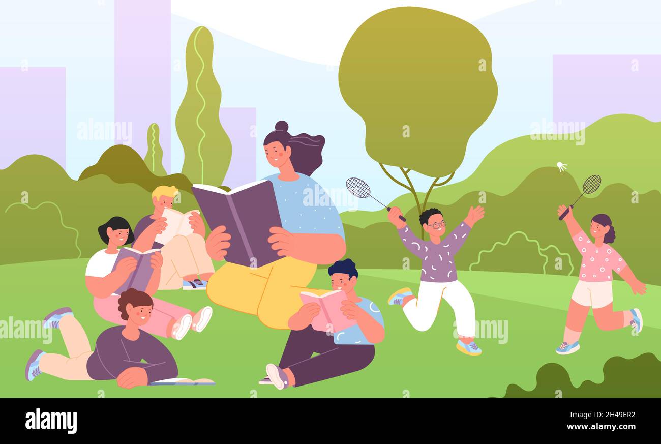Teacher reading in park. Children listen book, kindergarten kids relax ...