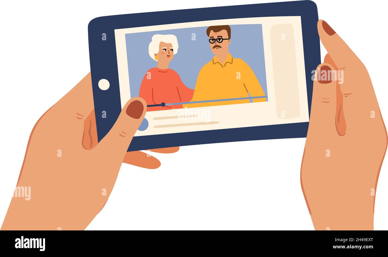 Parents video conversation. Smartphone call, online stream with father ...