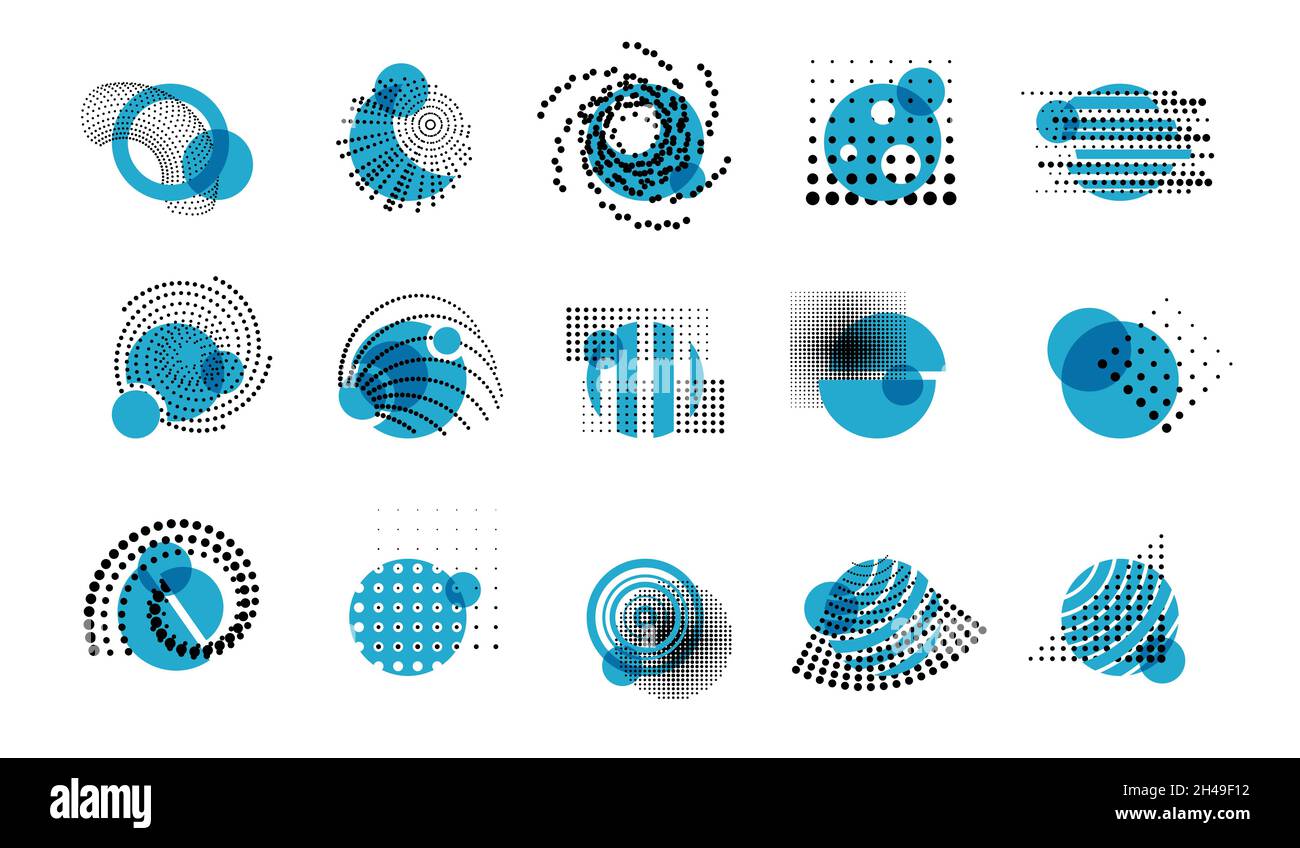Halftone circle geometry shapes. Memphis round universal design, traditional grit design. Dots ...