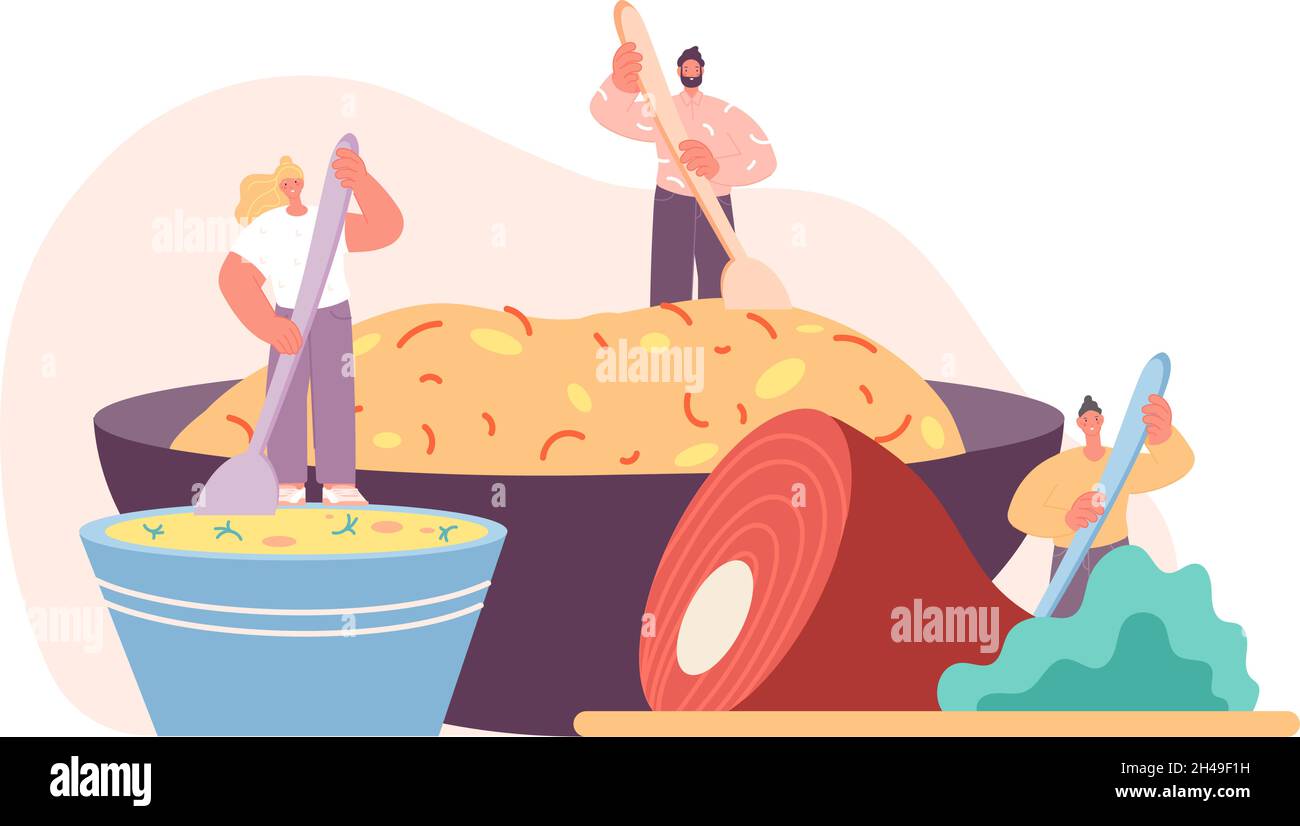 Food cooking concept. Cartoon people eat, huge lunch or breakfast in ...