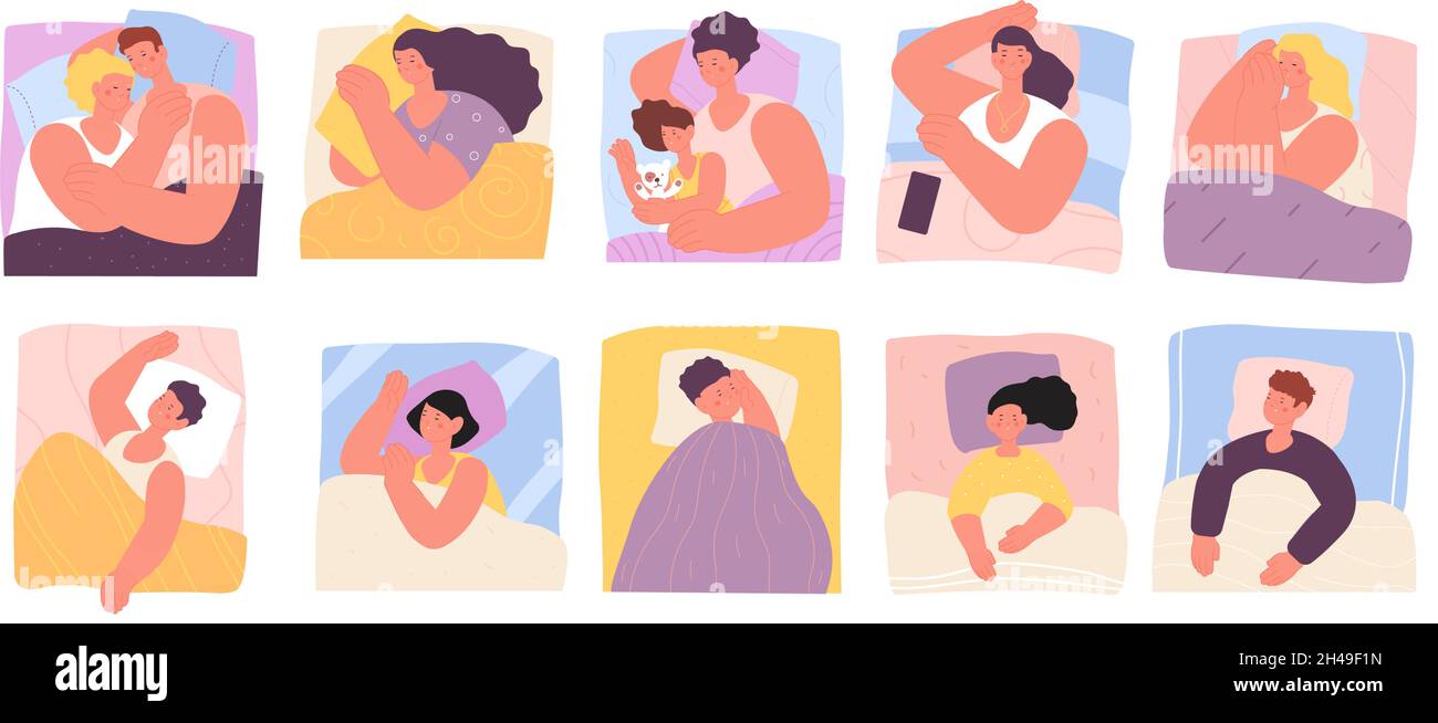 Sleeping characters. Sleep mother, in bed with book. Bedtime concept ...