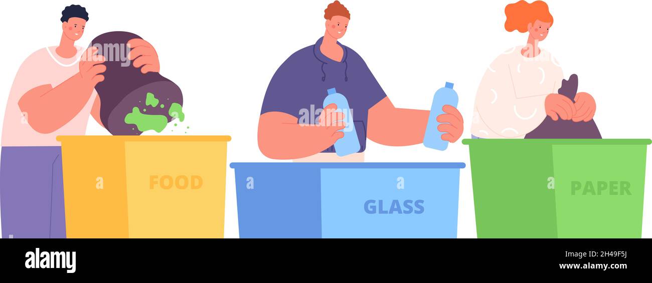 Sorting waste. Eco friendly volunteers, woman man with bags for garbage ...