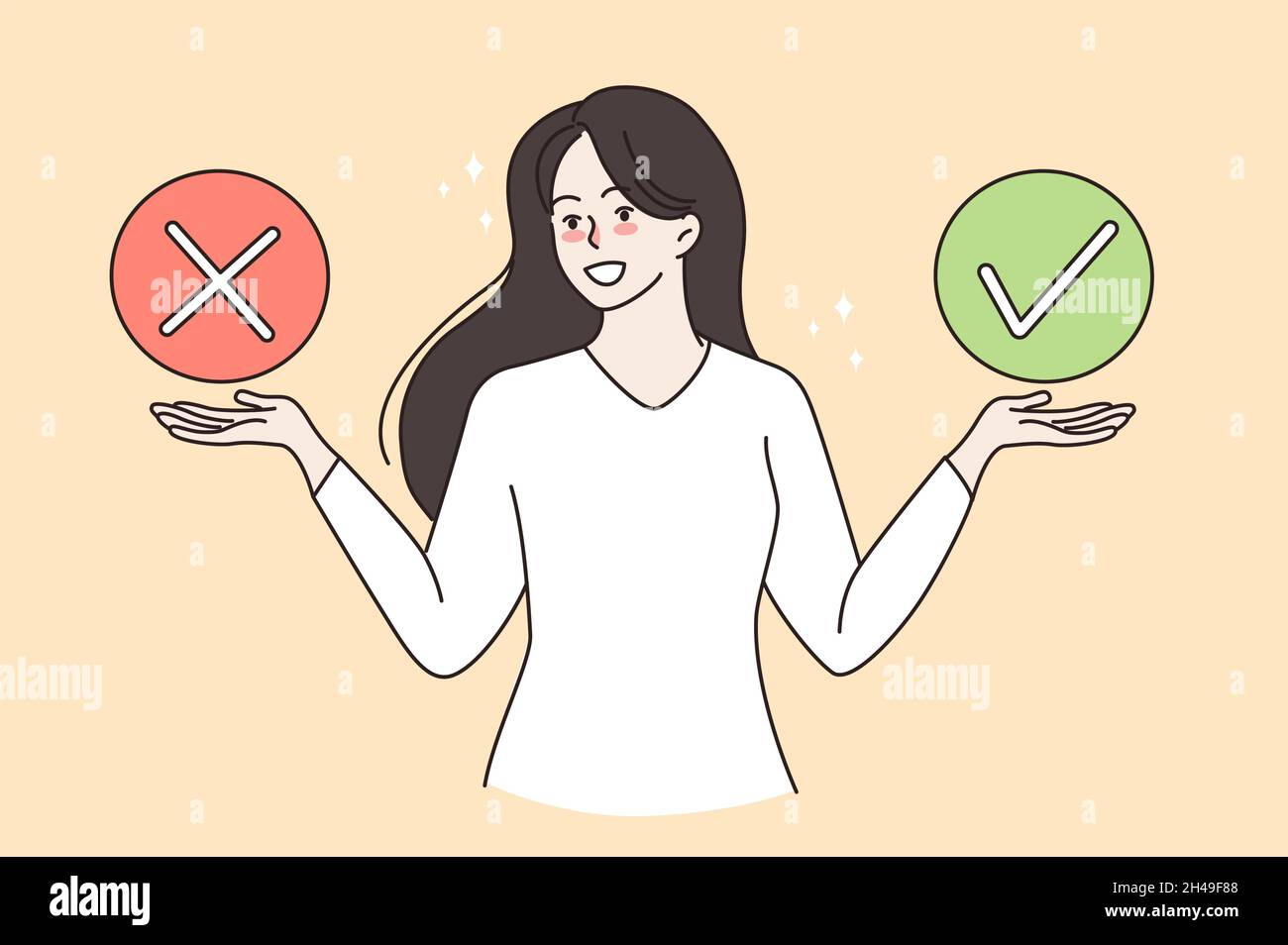 Smiling woman choose among yes or no answer. Happy female make choice ...