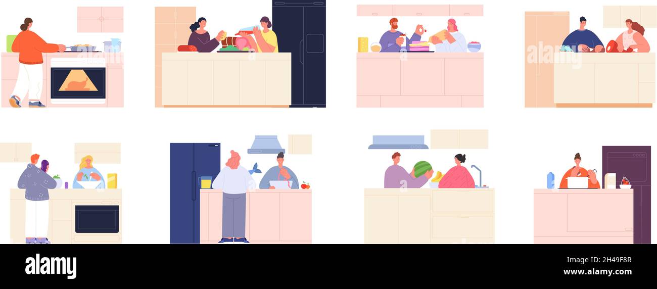 Cooking characters. Dinner on kitchen, prepare food for lunch. People ...