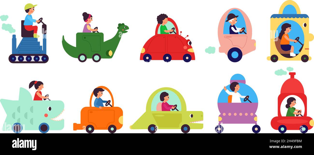 People riding. Cartoon childish transportation characters. Woman man ...