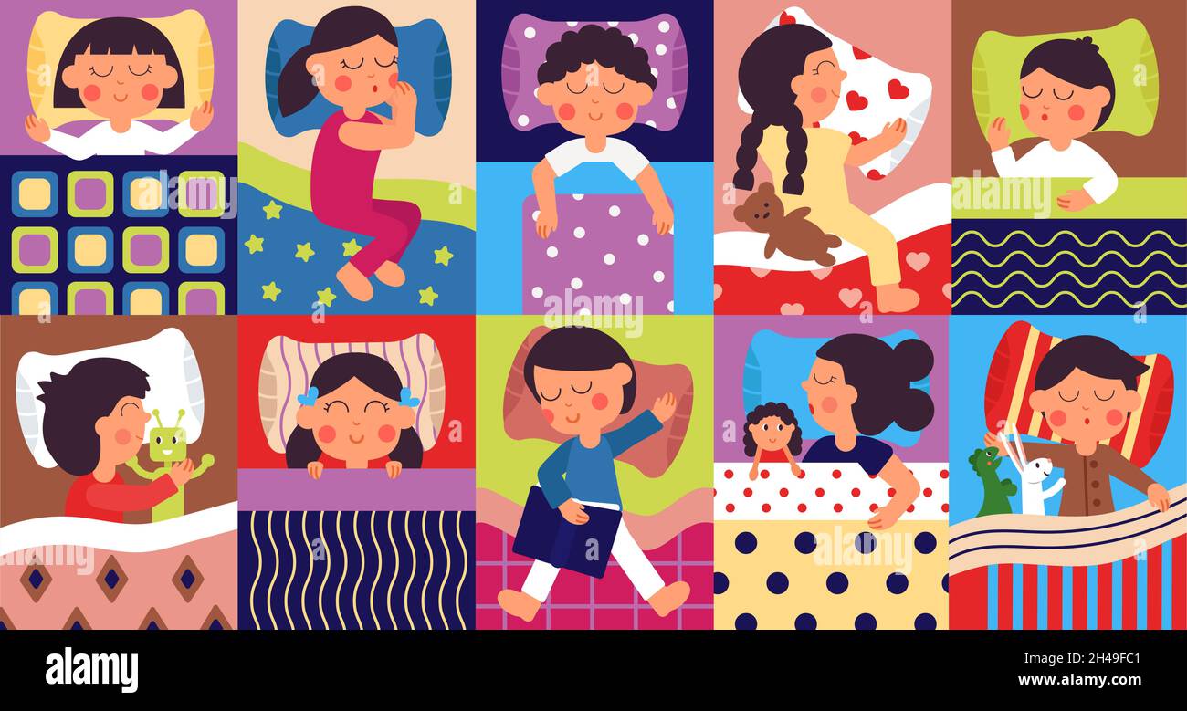 Children sleep. Sleeping positions, child bedtime. Cartoon kids group ...