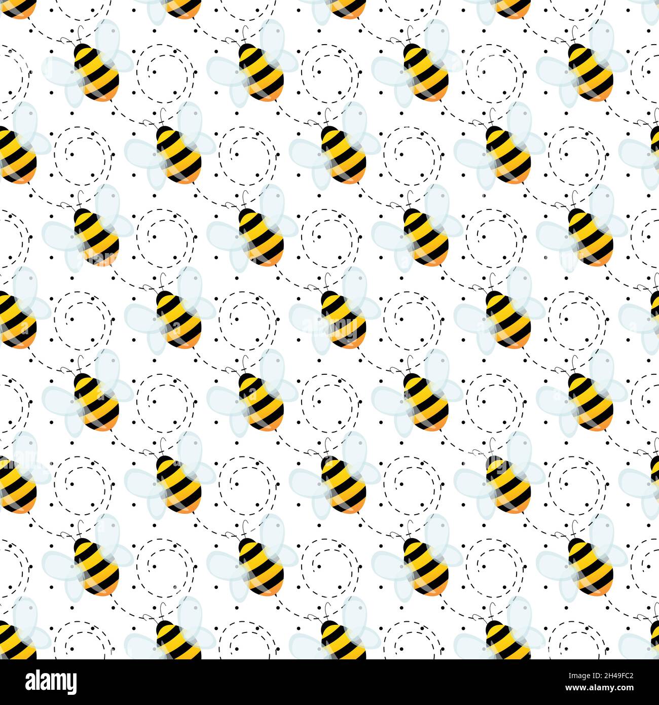 Seamless pattern with bees on white polka dots background. Small wasp ...
