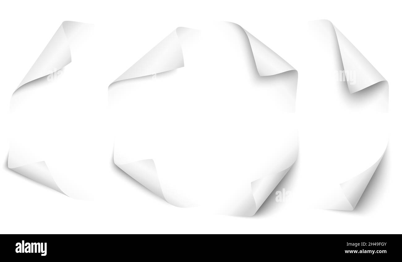 White paper curled corners. Page corner turn, book or magazine sheets ...