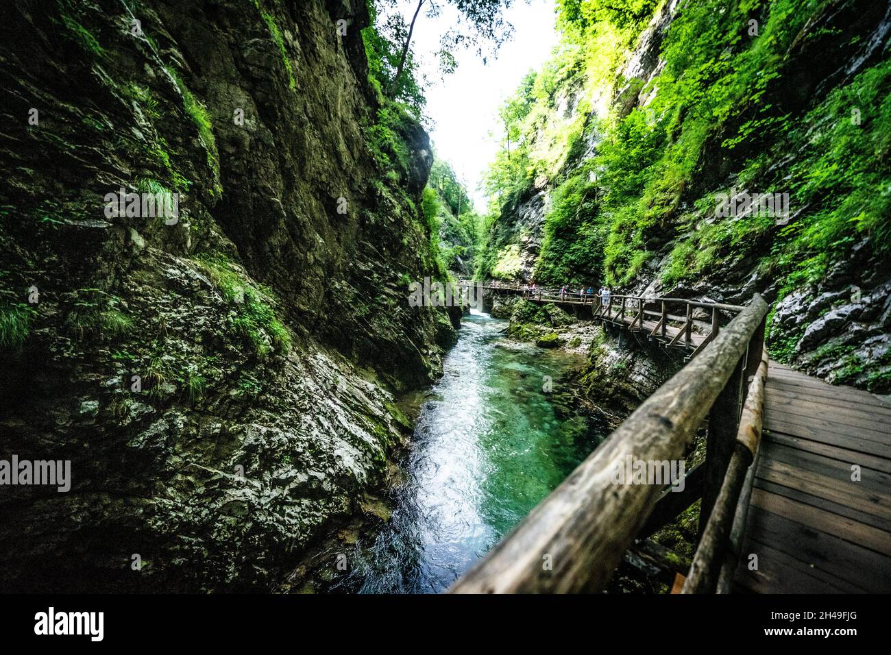 Wooden platform and bridge over a gorge Stock Photo - Alamy