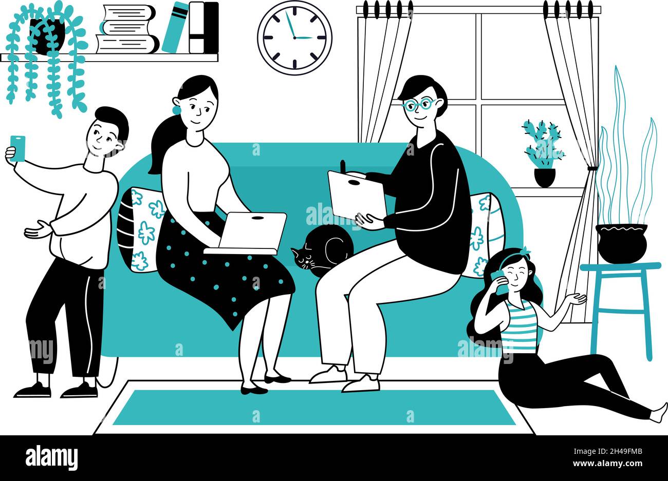 Family with gadgets. People at home with smartphones and tablets ...