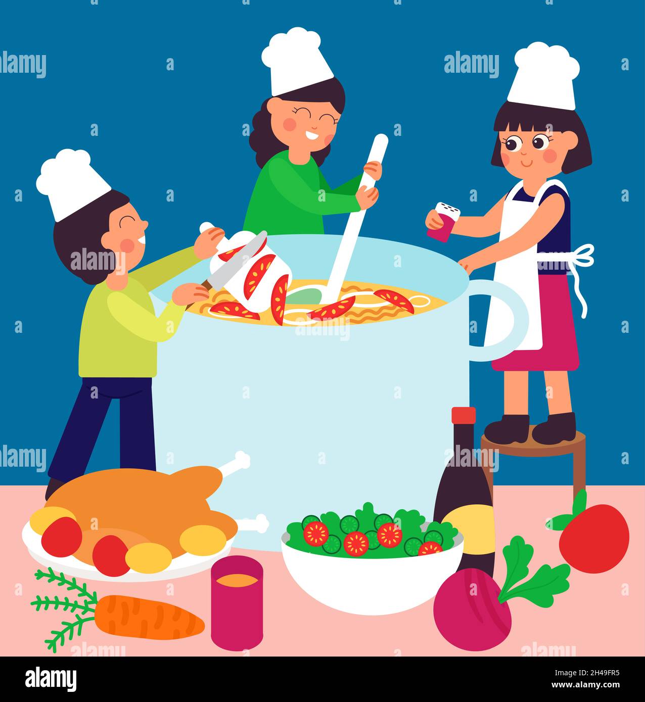 Cooking concept. Cute cartoon people cook, soup and turkey with ...