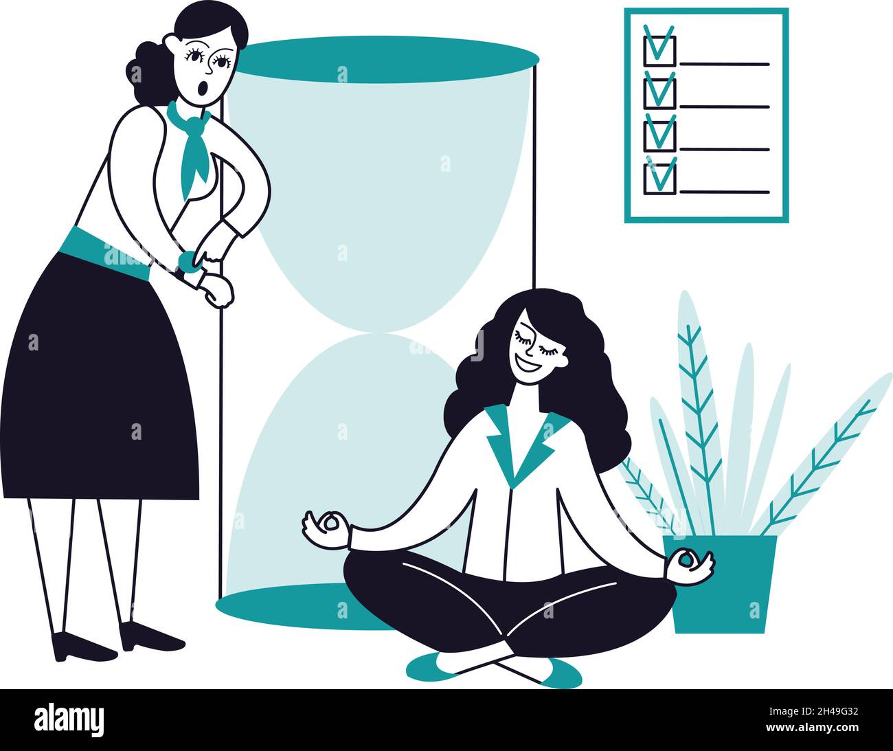 Deadline concept. Woman meditate at work. Angry female boss and calm ...