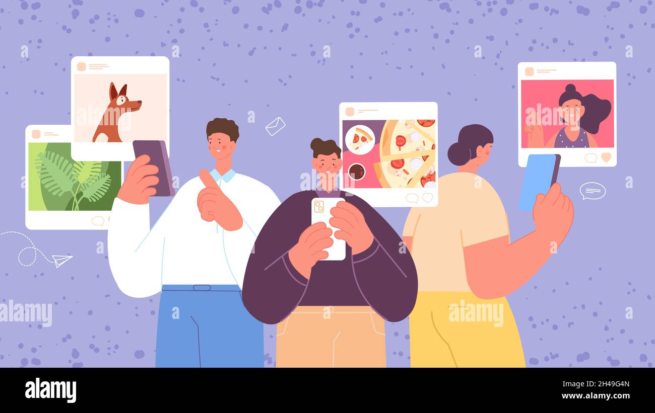 Adults with smartphones. Social media, post photos. People ...