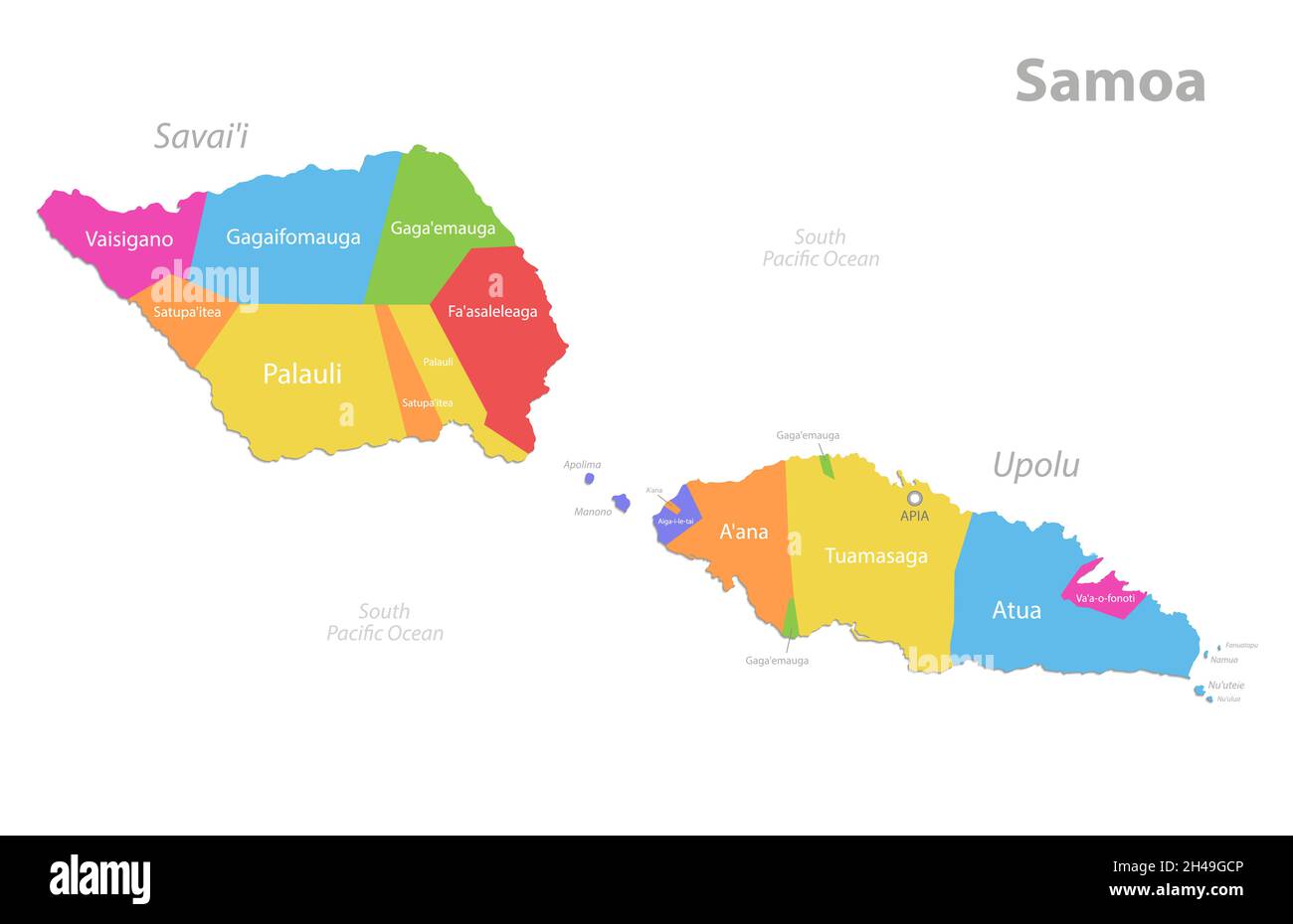 Samoa map, administrative division, separated individual regions with ...