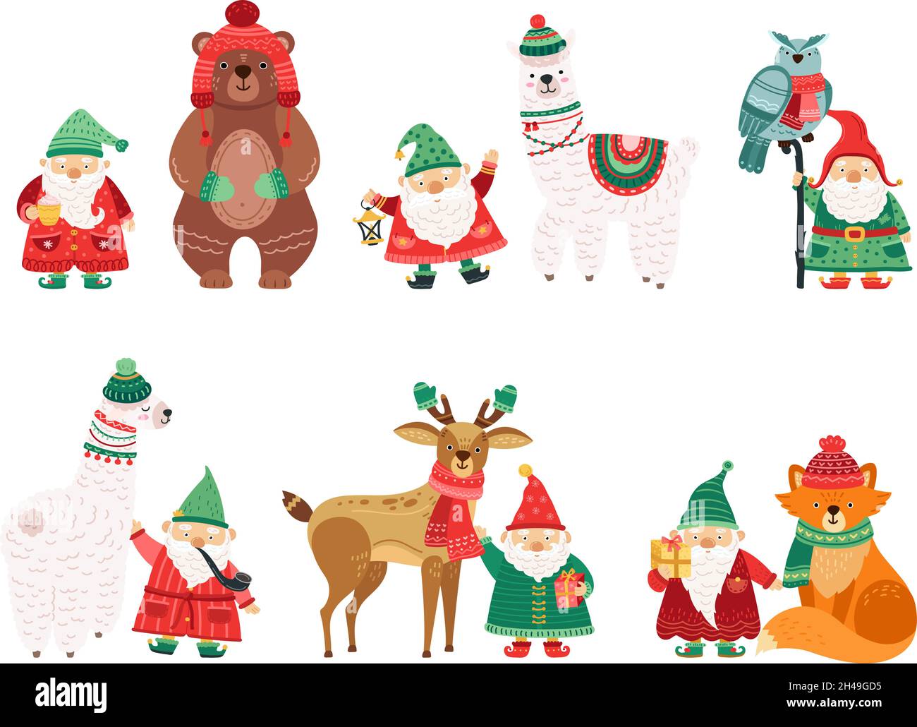 Holiday winter characters. Christmas dwarfs with animals in knit hats ...