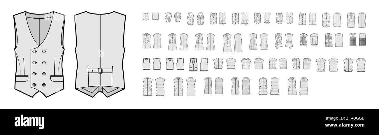 Set of vests waistcoat technical fashion illustration with sleeveless ...