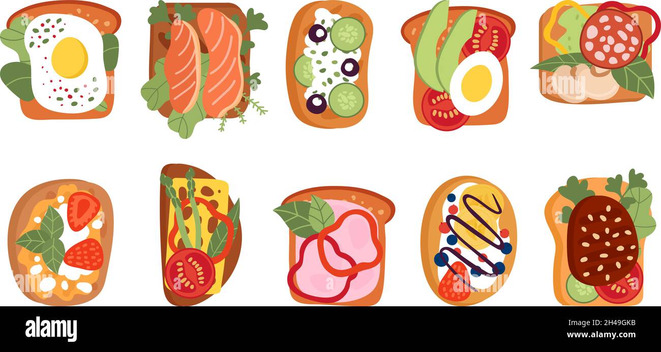 Healthy toasts. Bread toast lunch, snack meal with berry, avocado ...