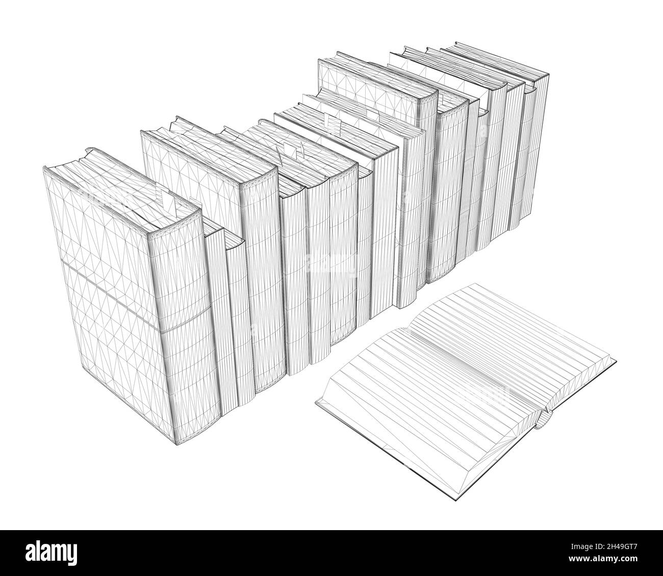 Wireframe of stack of books from black lines isolated on white background. One open book ...