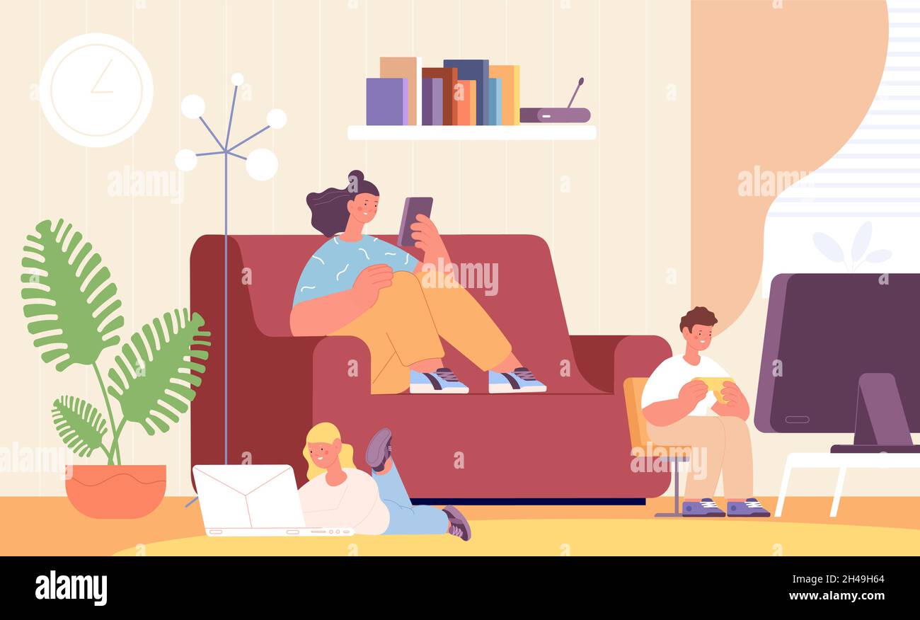 Gadget addiction. Family use gadgets, sister brother sitting in living ...