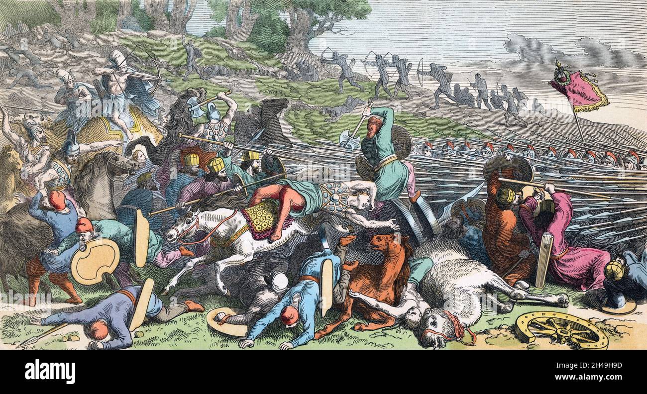 A phalanx of Alexander the Great's Macedonian troops in combat with the ...